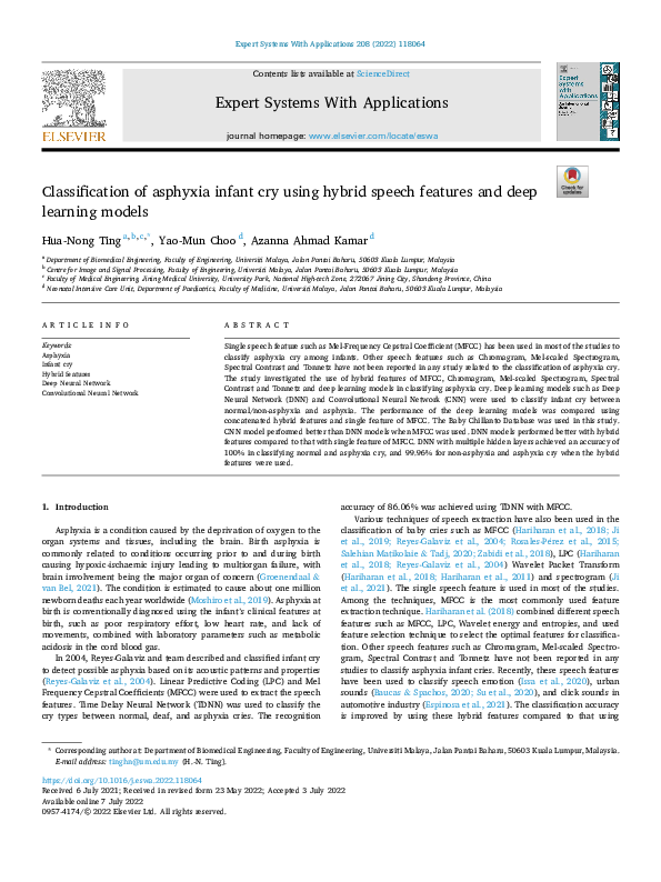 (PDF) Classification of asphyxia infant cry using hybrid speech features and deep learning models