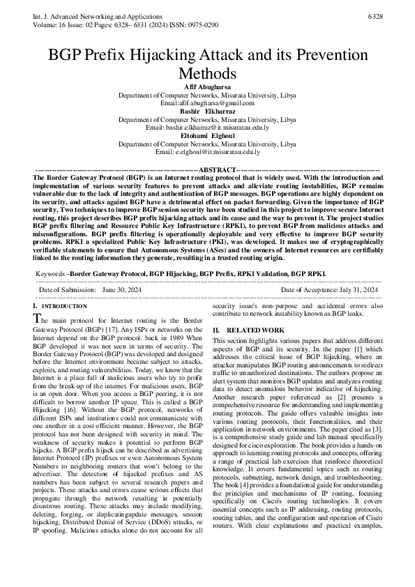 (PDF) BGP Prefix Hijacking Attack and its Prevention Methods
