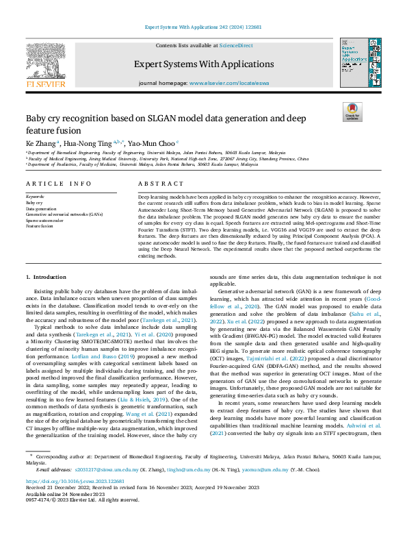 (PDF) Baby cry recognition based on SLGAN model data generation and deep feature fusion | Hua ...