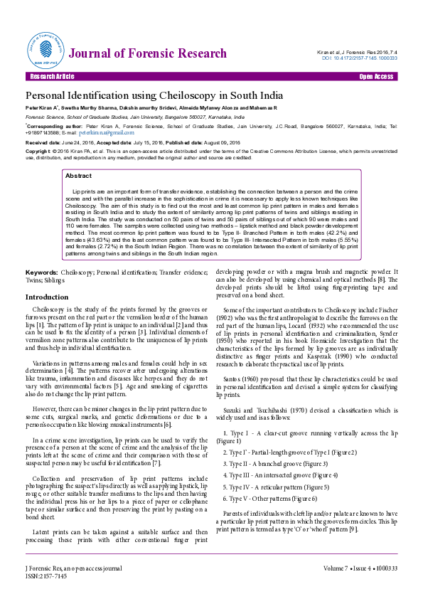(PDF) Personal Identification using Cheiloscopy in South India