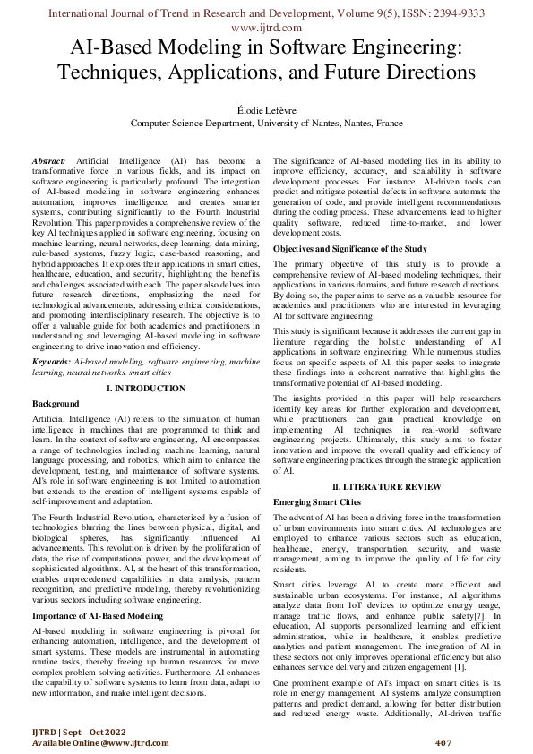 (PDF) AI-Based Modeling in Software Engineering: Techniques, Applications, and Future Directions