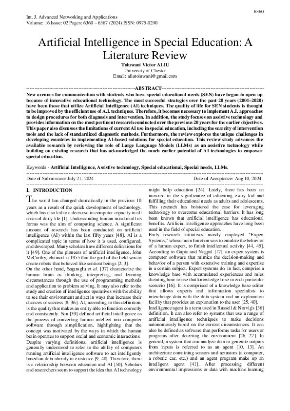 (PDF) Artificial Intelligence in Special Education: A Literature Review