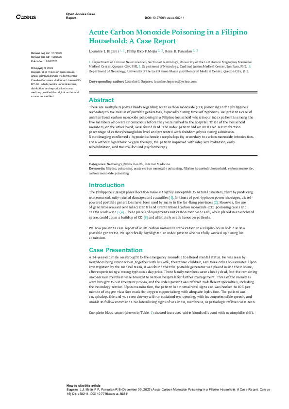 Pdf Acute Carbon Monoxide Poisoning In A Filipino Household A Case