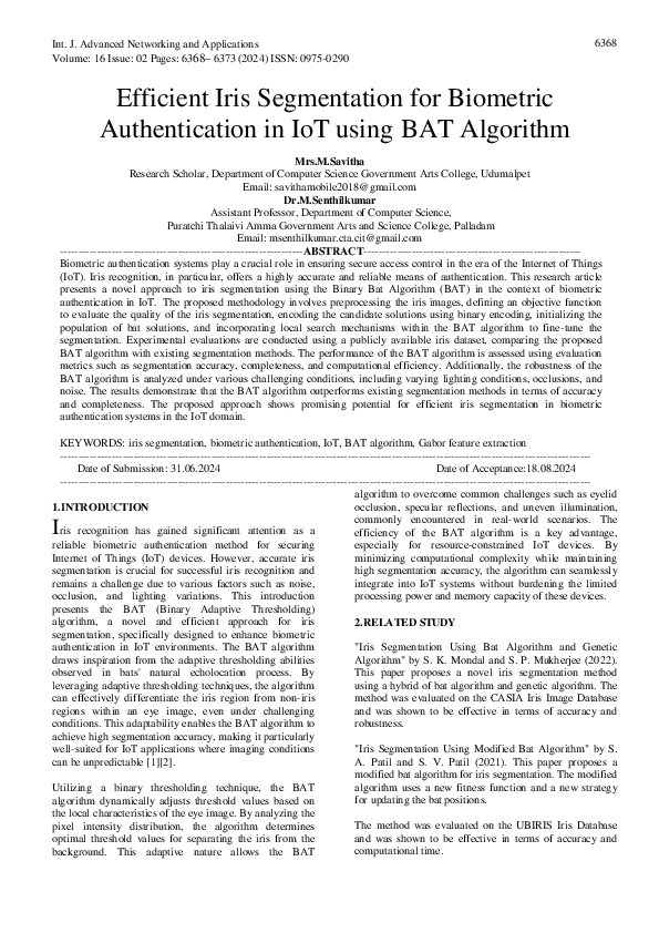 Pdf Efficient Iris Segmentation For Biometric Authentication In Iot Using Bat Algorithm