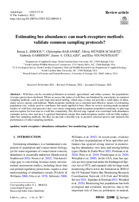 Pdf Estimating Bee Abundance Can Mark Recapture Methods Validate Common Sampling Protocols