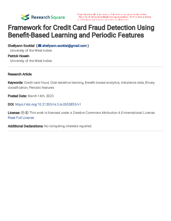 (PDF) Framework for Credit Card Fraud Detection Using Benefit-Based ...