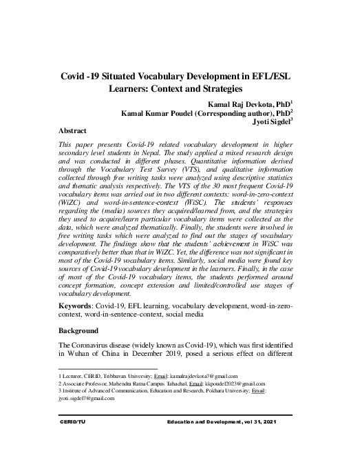 (PDF) Covid-19 Situated Vocabulary Development in EFL/ESL Learners ...