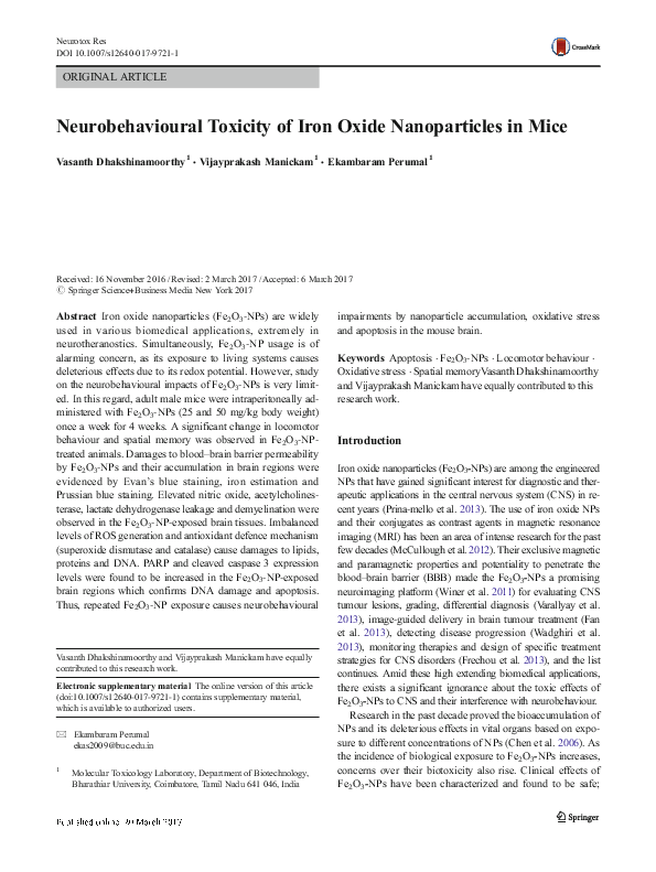 (PDF) Neurobehavioural Toxicity of Iron Oxide Nanoparticles in Mice