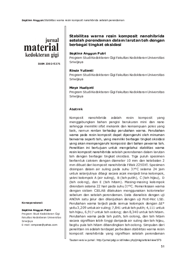 (PDF) Stabilitas Warna Resin Komposit Nanohibrida Setelah Perendaman ...