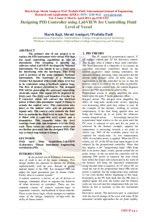 (PDF) Designing PID Controller using LabVIEW for Controlling Fluid Level of Vessel