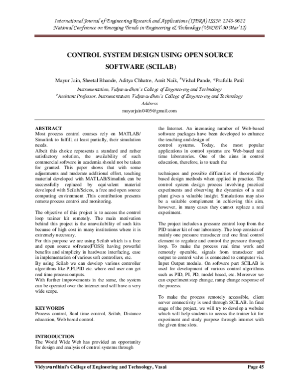 (PDF) Control System Design Using Open Source Software ( Scilab )