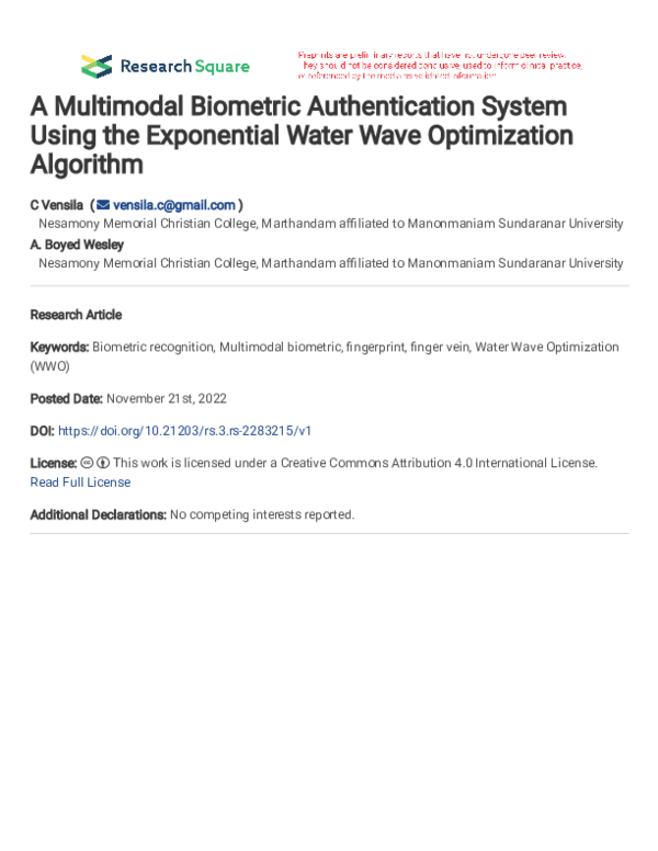 (PDF) A Multimodal Biometric Authentication System Using the Exponential Water Wave Optimization ...