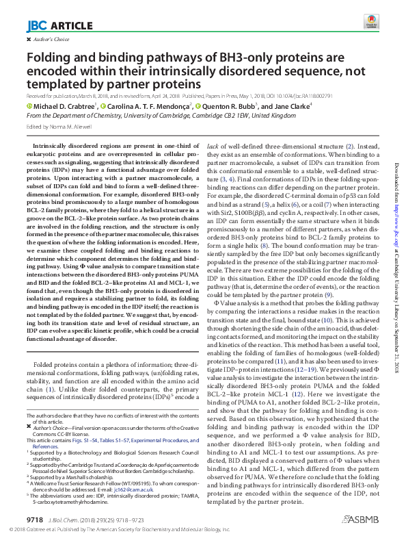 (PDF) Folding and binding pathways of BH3-only proteins are encoded within their intrinsically ...