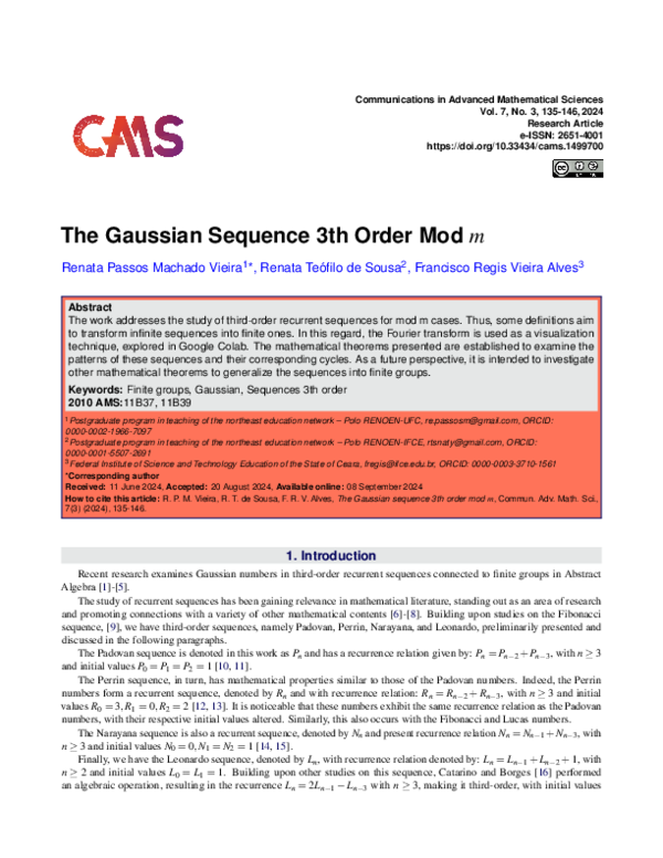 (PDF) The Gaussian Sequence 3th Order Mod m (PDF) The Gaussian Sequence 3th Order Mod m