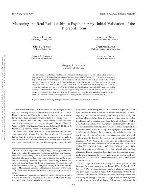 (PDF) Measuring the Real Relationship in Psychotherapy: Initial Validation of the Therapist Form