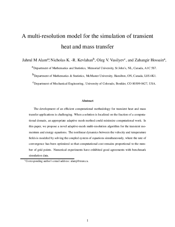 (PDF) A Multiresolution Model for the Simulation of Transient Heat and Mass Transfer | Zahangir ...