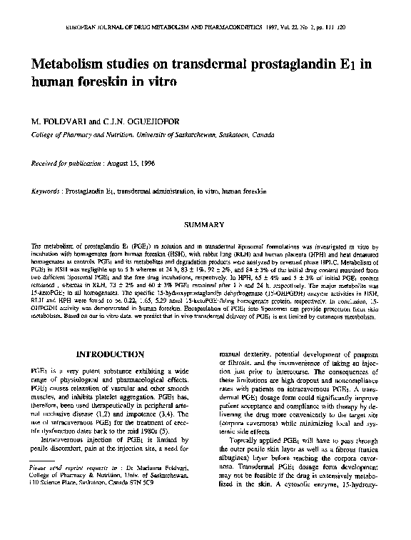 (PDF) Metabolism studies on transdermal prostaglandin E1 in human ...