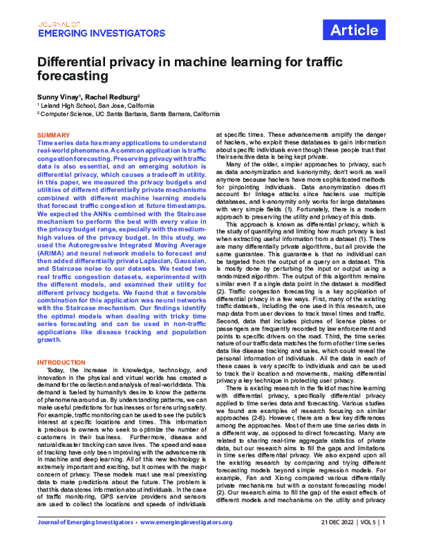 (PDF) Differential privacy in machine learning for traffic forecasting