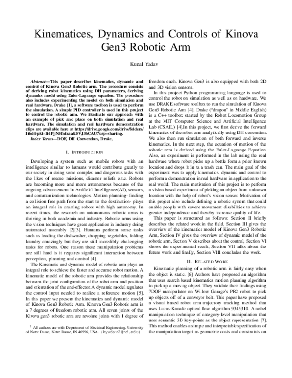 (PDF) Kinematices, Dynamics and Controls of Kinova Gen3 Robotic Arm