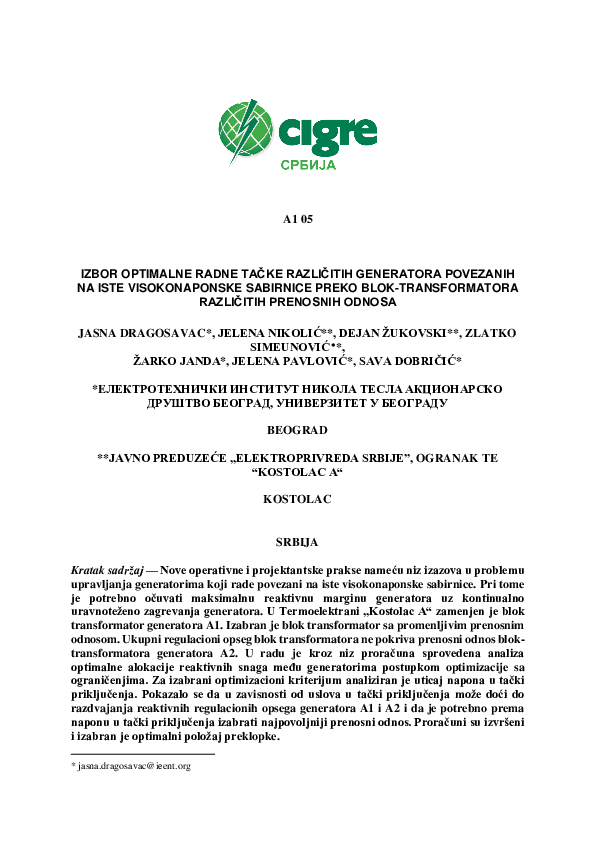 (PDF) Izbor Optimalne Radne Tačke Različitih Generatora Povezanih Na ...
