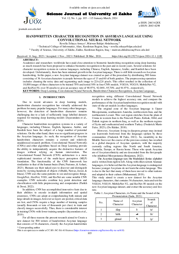 (PDF) Handwritten Character Recognition in Assyrian Language Using Convolutional Neural Network