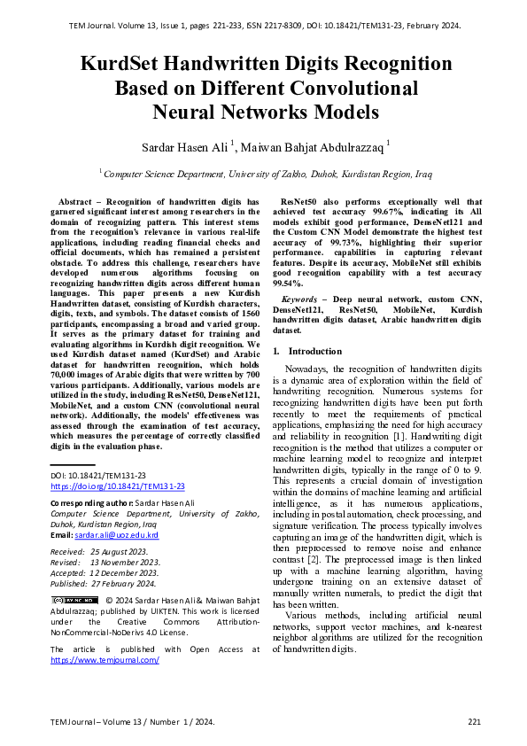 (PDF) KurdSet Handwritten Digits Recognition Based on Different Convolutional Neural Networks Models