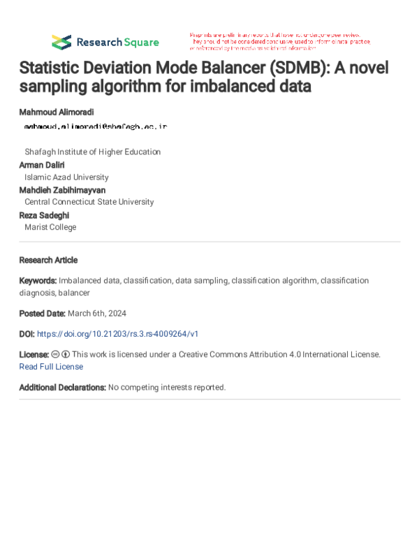 (PDF) Statistic Deviation Mode Balancer (SDMB): A novel sampling algorithm for imbalanced data