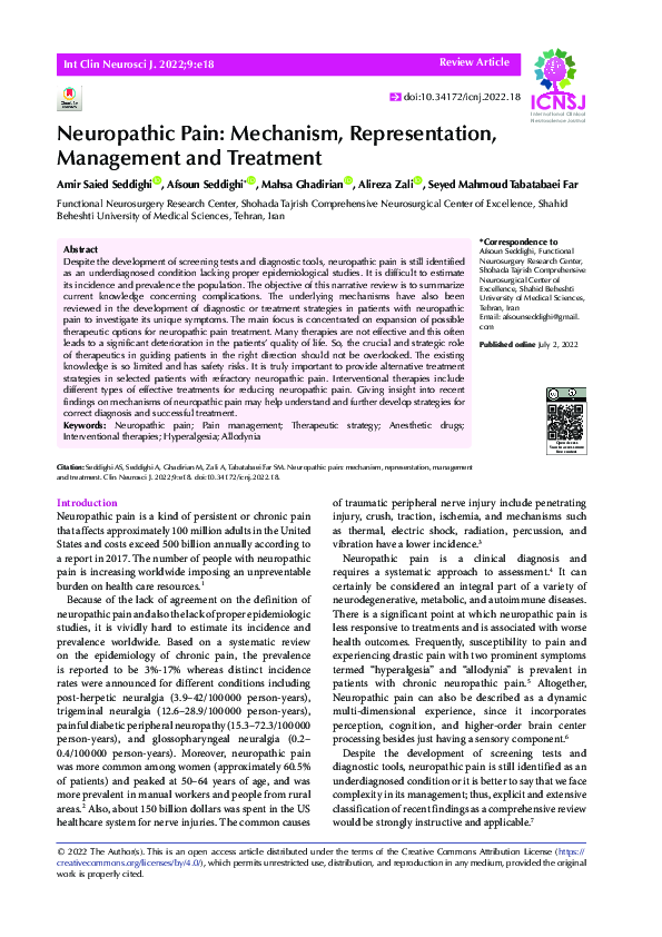 (PDF) Neuropathic Pain: Mechanism, Representation, Management and Treatment
