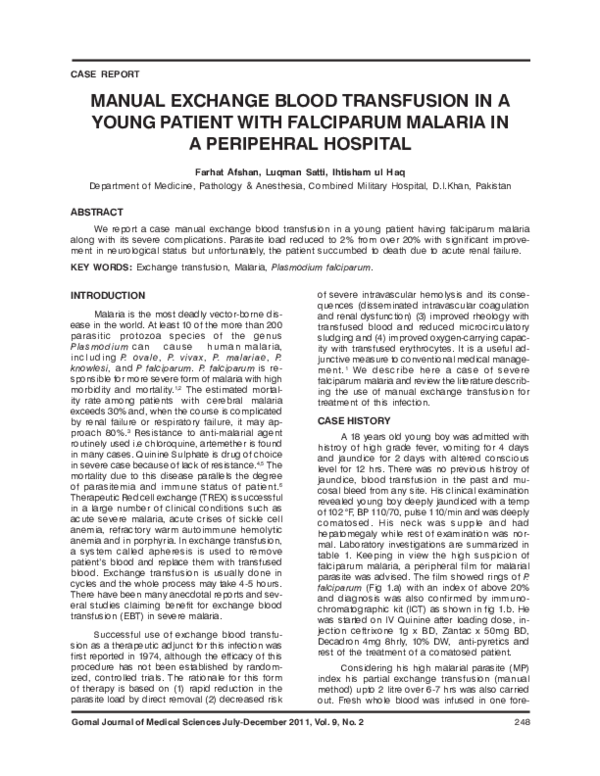 (PDF) Manual exchange transfusion in a young patient with falciparum malaria in a peripheral ...