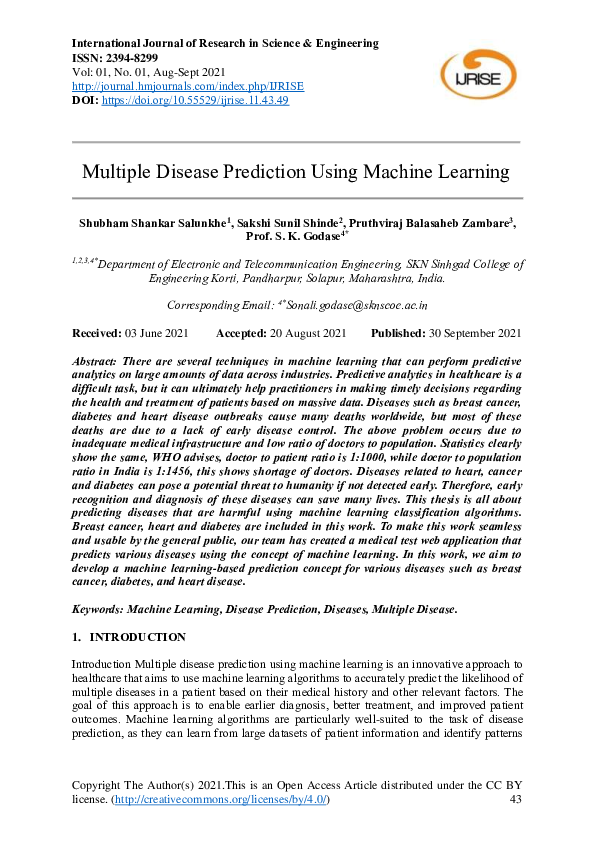 (PDF) Multiple Disease Prediction Using Machine Learning