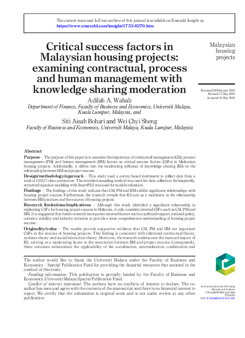 (PDF) Critical success factors in Malaysian housing projects: examining contractual, process and ...