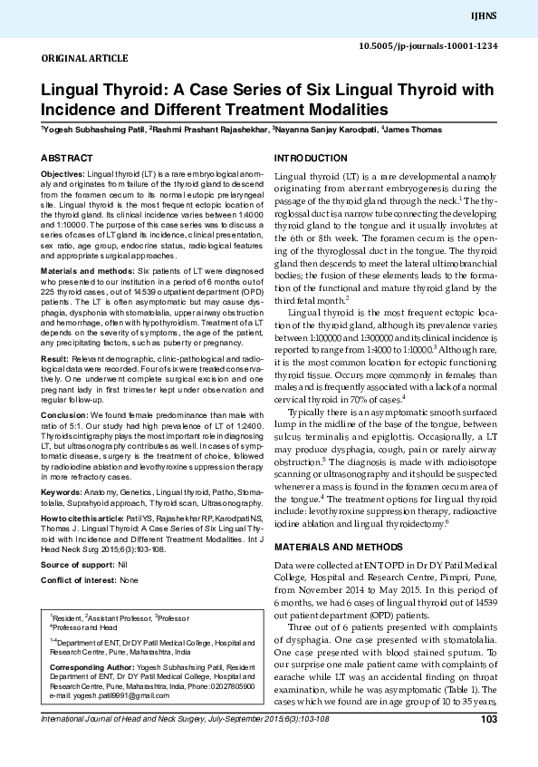 (PDF) Lingual Thyroid: A Case Series of Six Lingual Thyroid with Incidence and Different ...