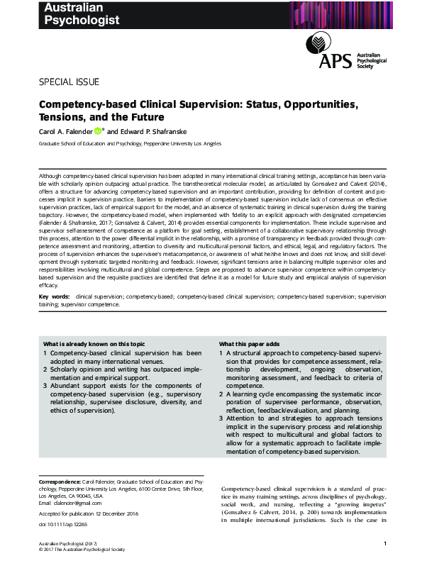 (PDF) Competency‐based Clinical Supervision: Status, Opportunities, Tensions, and the Future