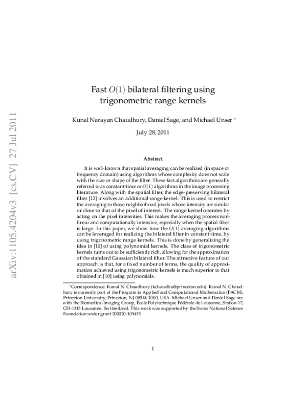 (PDF) Fast $O(1)$ Bilateral Filtering Using Trigonometric Range Kernels | Krishnendu Chaudhury ...