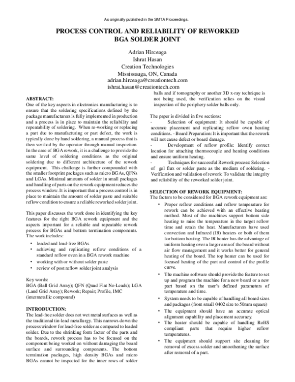 (PDF) Process Control and Reliability of Reworked Bga Solder Joint