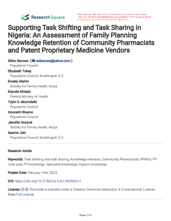 (PDF) Supporting Task Shifting and Task Sharing in Nigeria: An Assessment of Family Planning ...