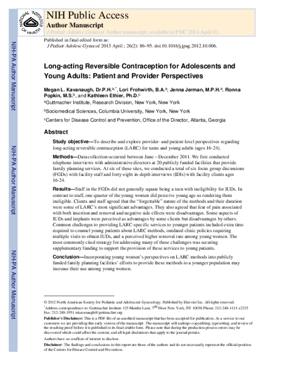 (PDF) Long-acting Reversible Contraception for Adolescents and Young Adults: Patient and ...
