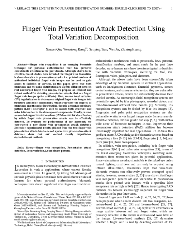 (PDF) Finger Vein Presentation Attack Detection Using Total Variation Decomposition
