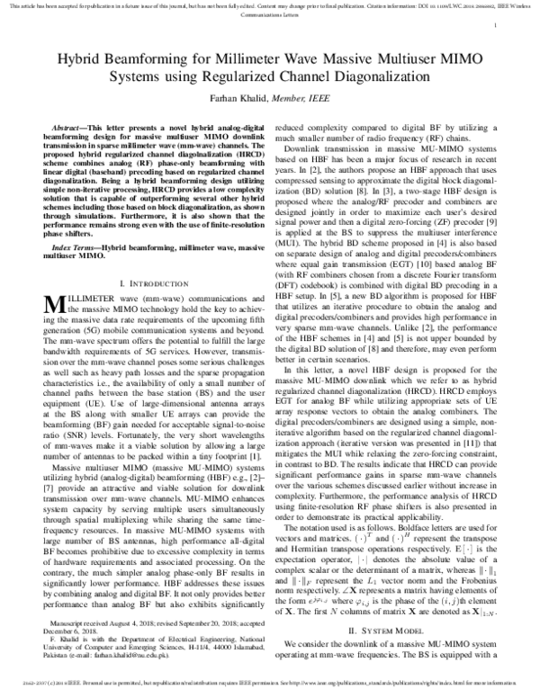 (PDF) Hybrid Beamforming for Millimeter Wave Massive Multiuser MIMO Systems Using Regularized ...