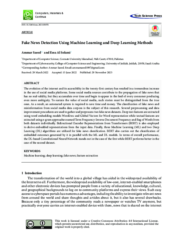 (PDF) Fake News Detection Using Machine Learning and Deep Learning Methods
