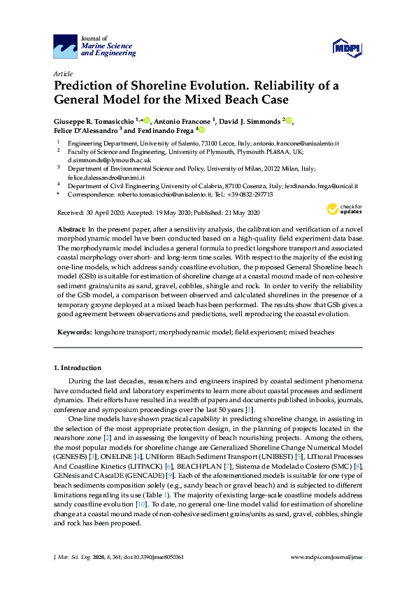 (PDF) Prediction of Shoreline Evolution. Reliability of a General Model for the Mixed Beach Case