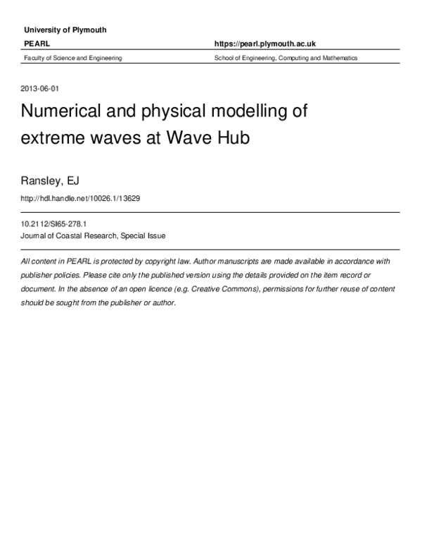 (PDF) Numerical and physical modeling of extreme waves at Wave Hub | David Simmonds - Academia.edu