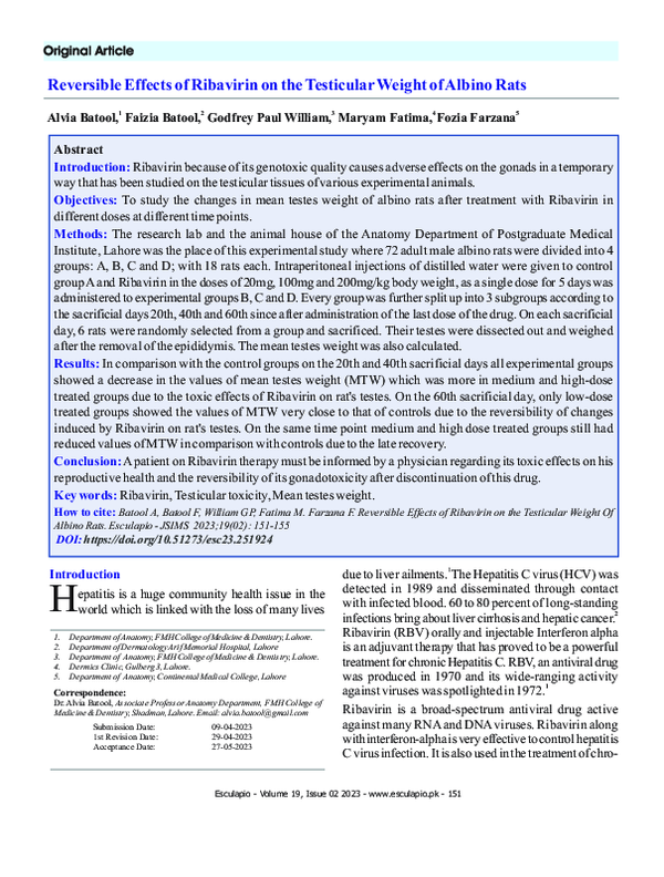(PDF) Reversible Effects of Ribavirin on the TesticularWeight of Albino ...