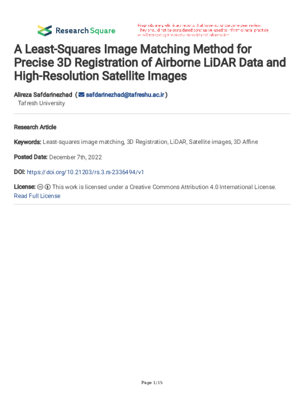 Pdf A Least Squares Image Matching Method For Precise 3d Registration Of Airborne Lidar Data