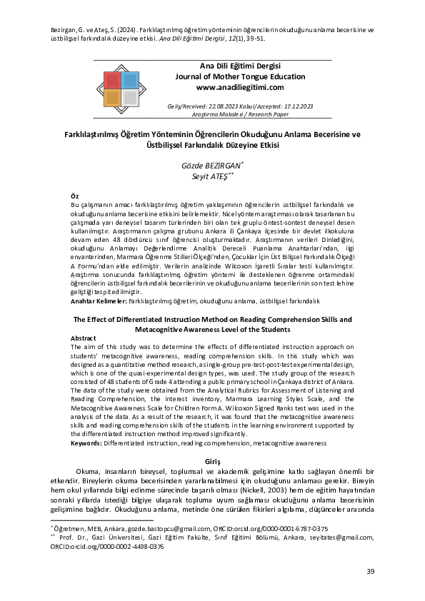 Pdf The Effect Of Differentiated Instruction Method On Reading Comprehension Skills And