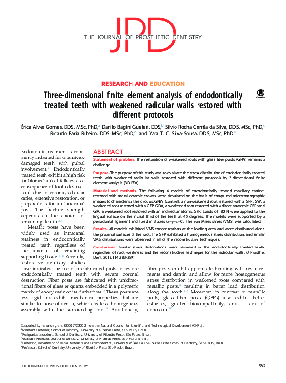 (PDF) Three-dimensional finite element analysis of endodontically treated teeth with weakened ...