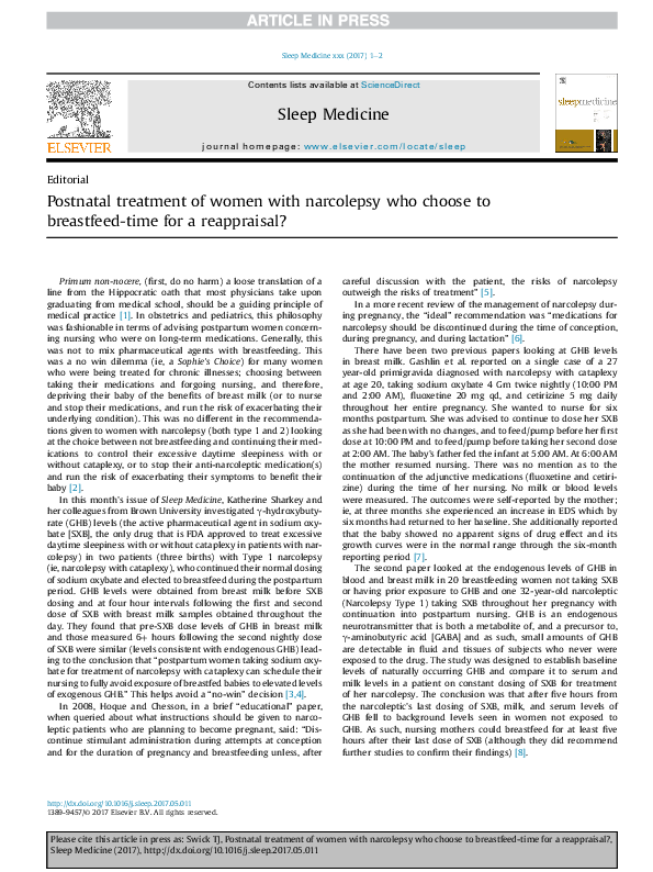 (PDF) Postnatal treatment of women with narcolepsy who choose to ...