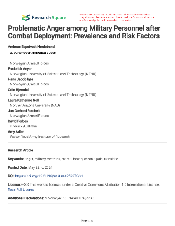 (PDF) Problematic Anger among Military Personnel after Combat ...