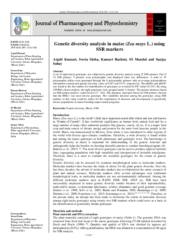 (PDF) Genetic diversity analysis in maize (Zea mays L.) using SSR markers