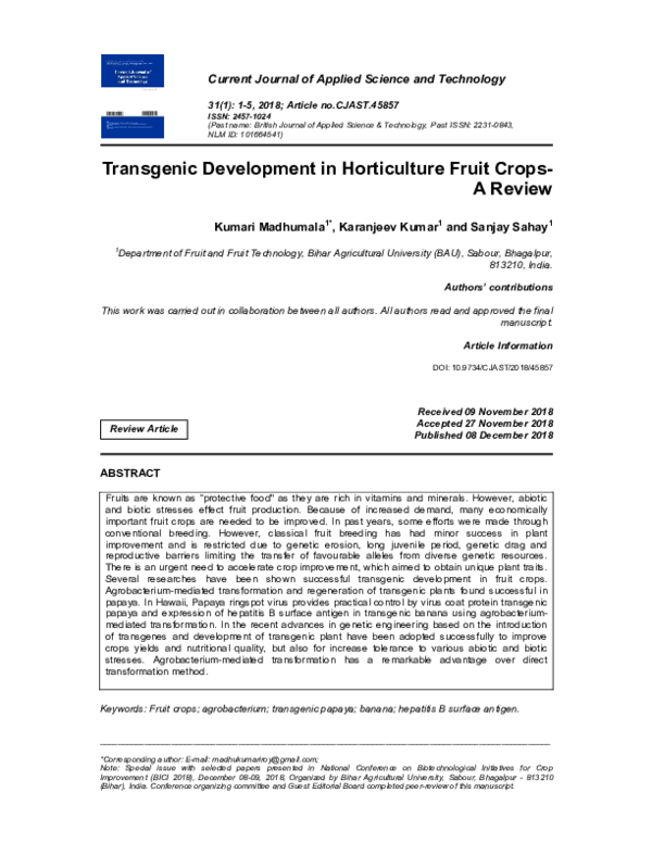 (PDF) Transgenic Development in Horticulture Fruit Crops- A Review